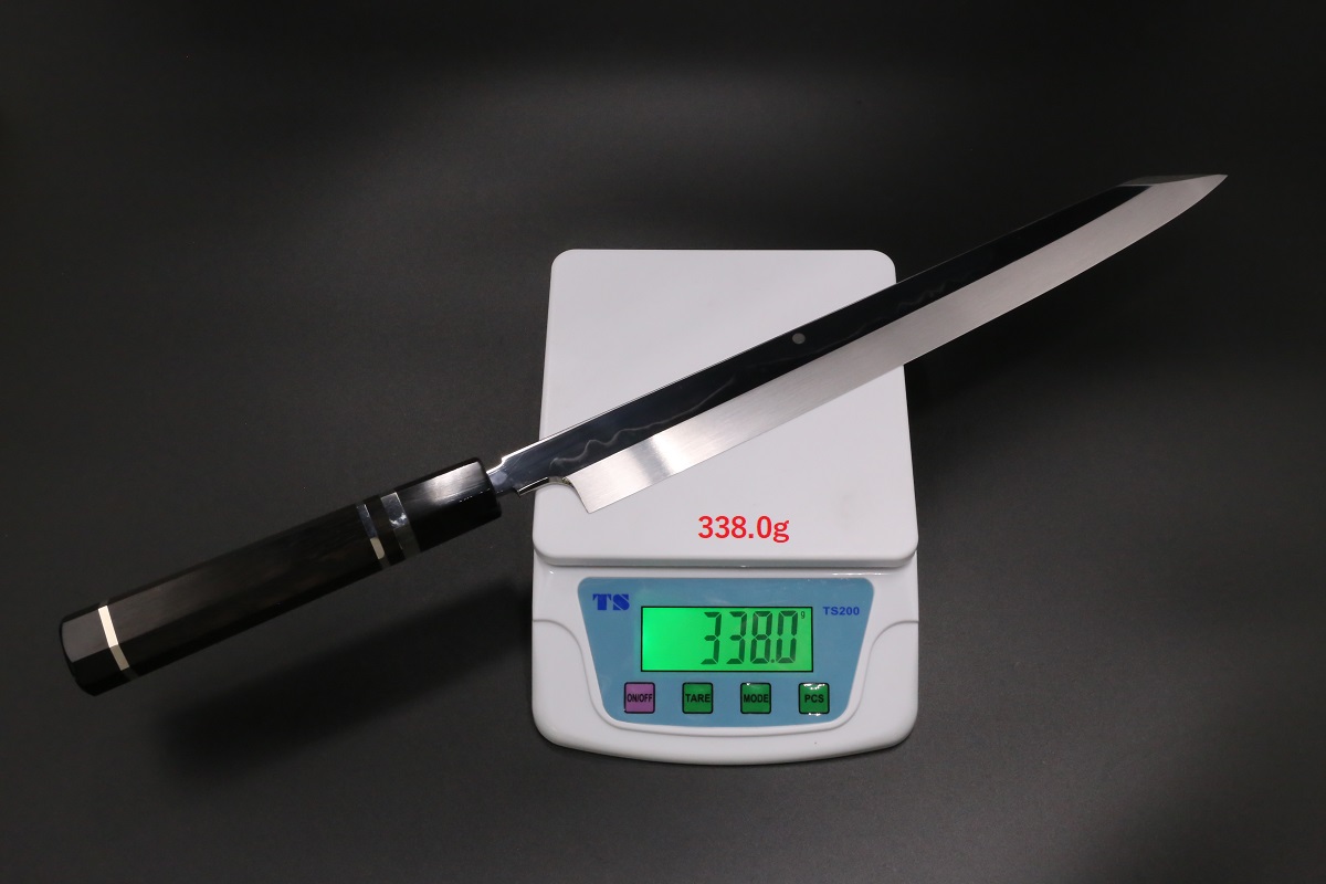 切付柳刃 白一鋼 330mm 水本焼 富士掛かり満月 両鏡面 八角黒檀 切付柳刃 白一鋼 330mm 水本焼 富士掛かり満月 両鏡面 八角黒檀